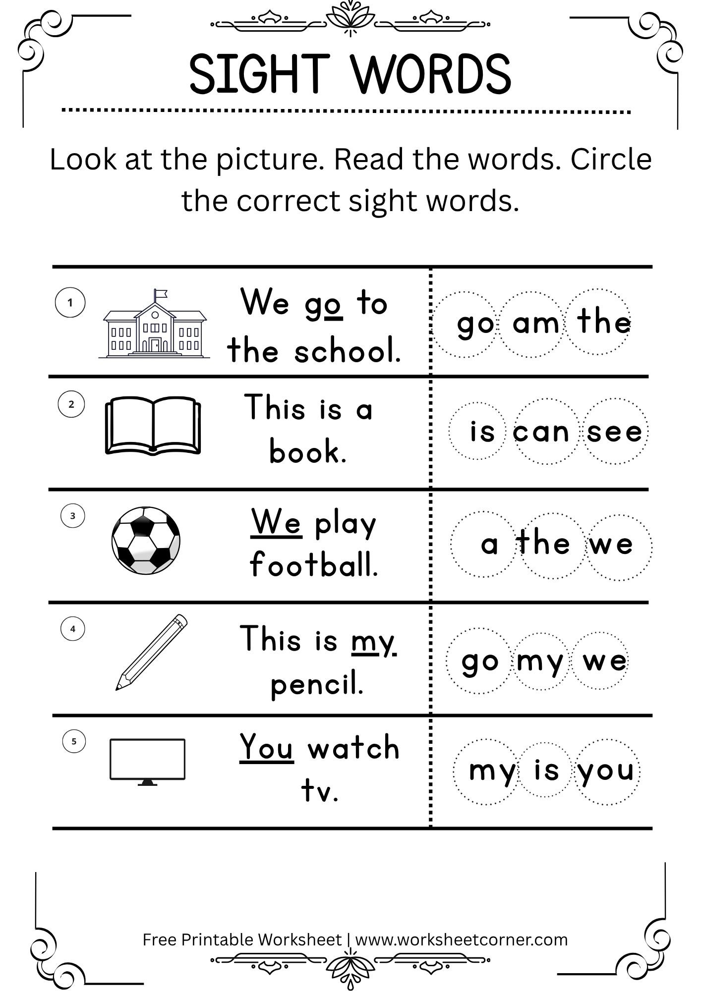 Circle the Sight Word Worksheet - Worksheet Corner